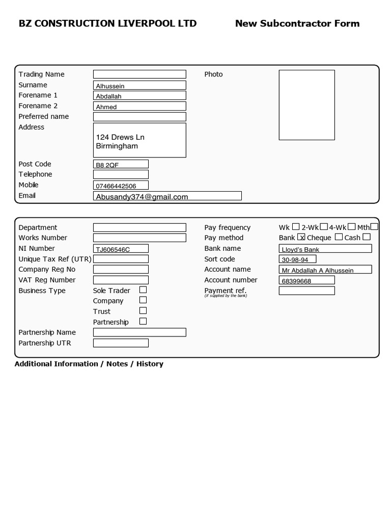New Subcontractor Form for BZ Construction | PDF