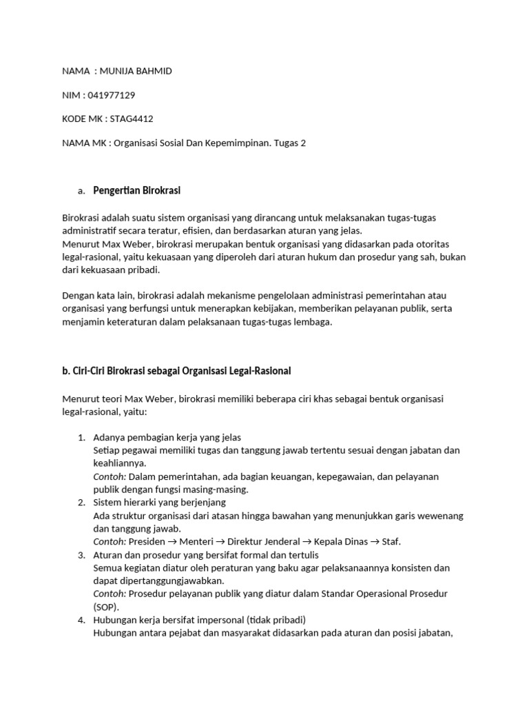Ciri-Ciri Birokrasi Menurut Max Weber | PDF