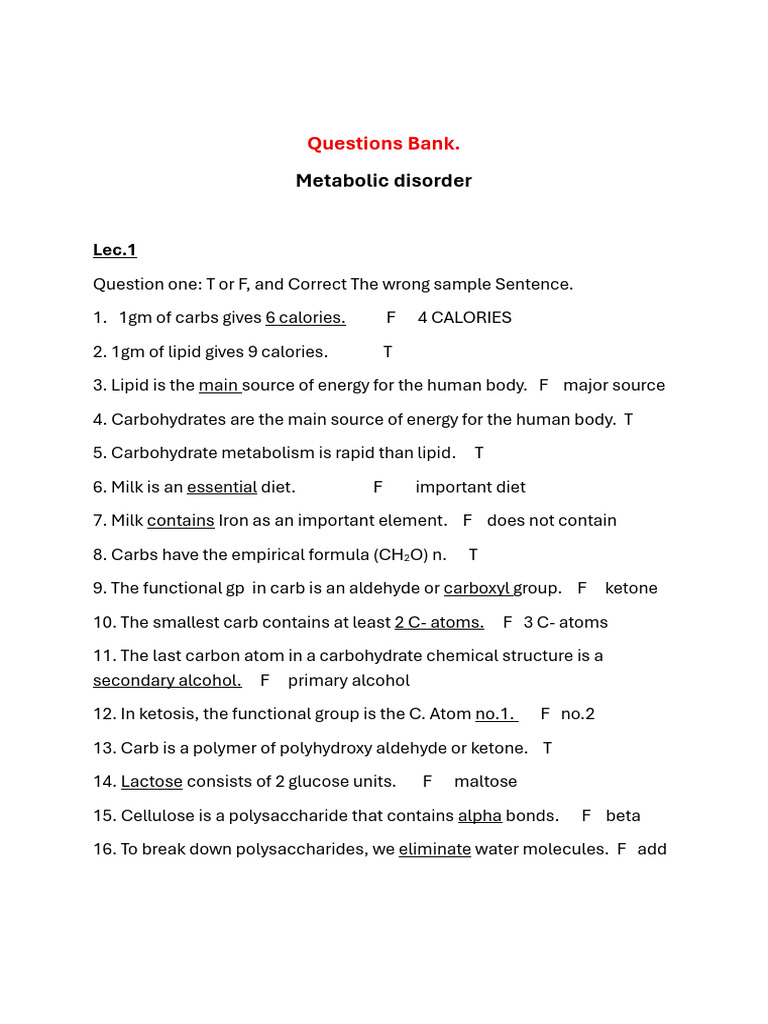 Question Bank - Metabolic | PDF