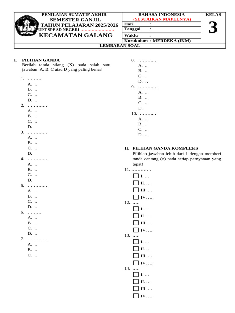 Kelas 3 - Format Master Soal Psa Sem - Ganjil | PDF