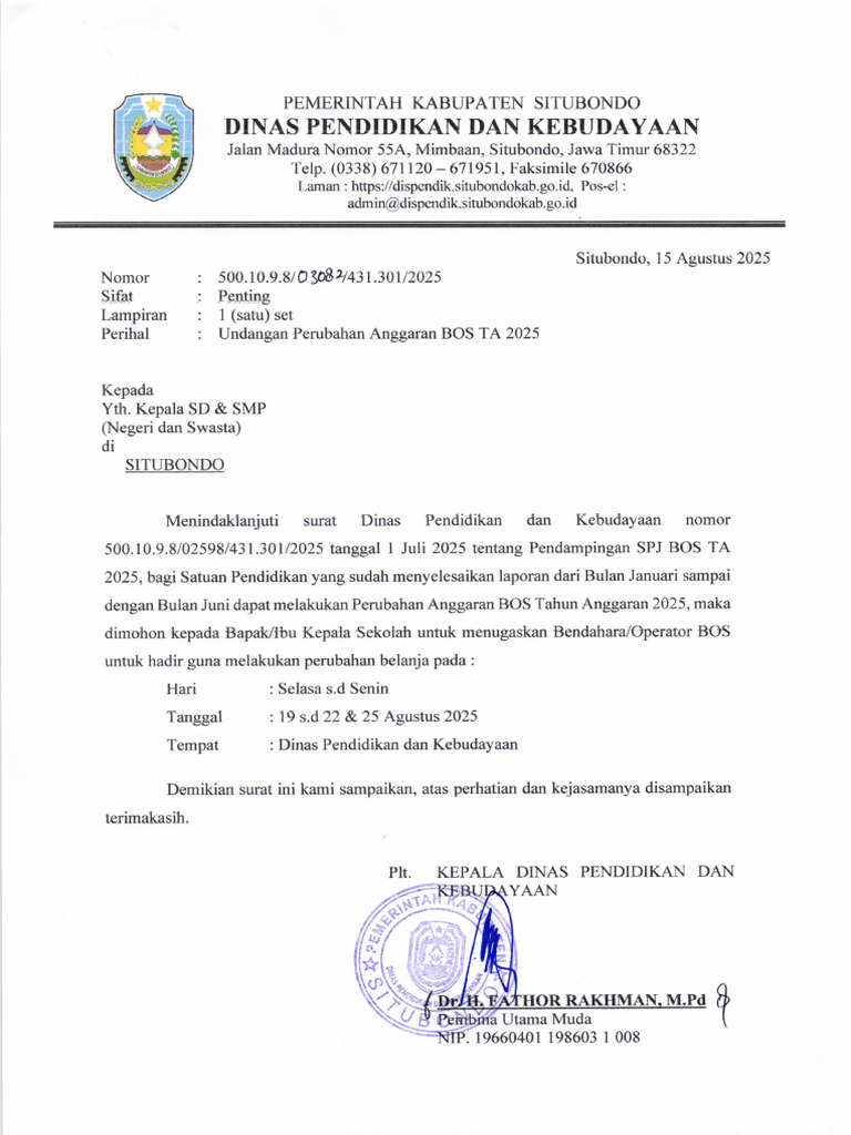 Undangan Perubahan Anggaran BOS 2025 | PDF