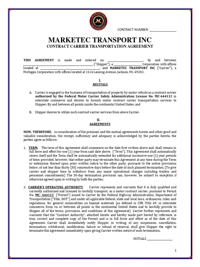 1.basic Transportation Agreement | PDF | Cargo | Indemnity