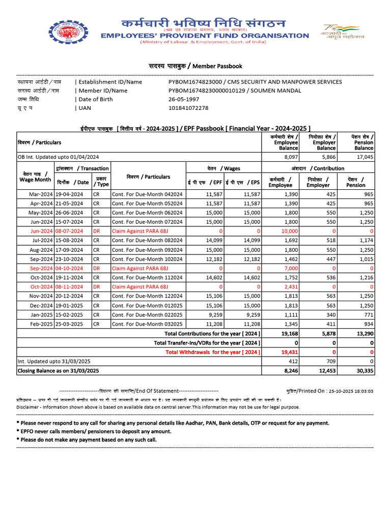 EPF Passbook Summary 2024-2025 | PDF | Employee Relations | Pension