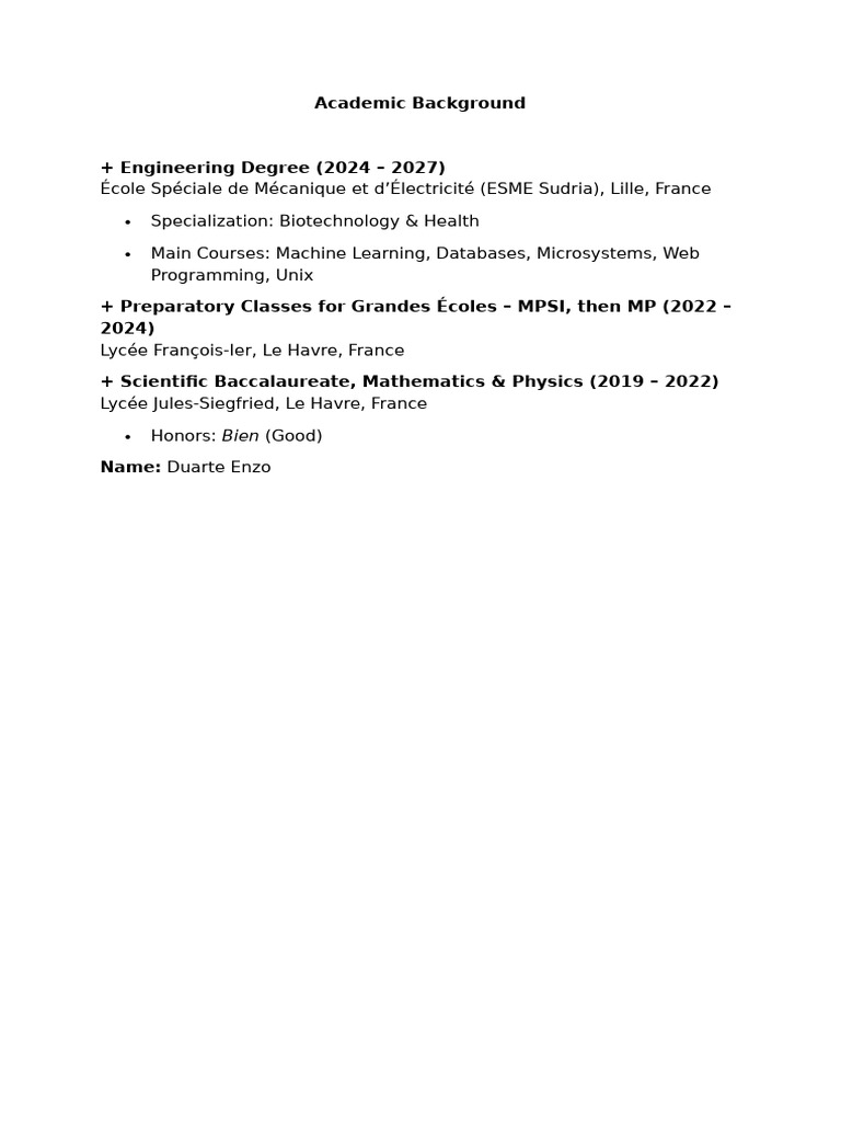 Parcours académique d'Enzo Duarte | PDF