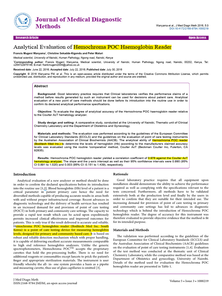 2017_Analytical Evaluation of Hemochroma POC Haemoglobin Reader | PDF