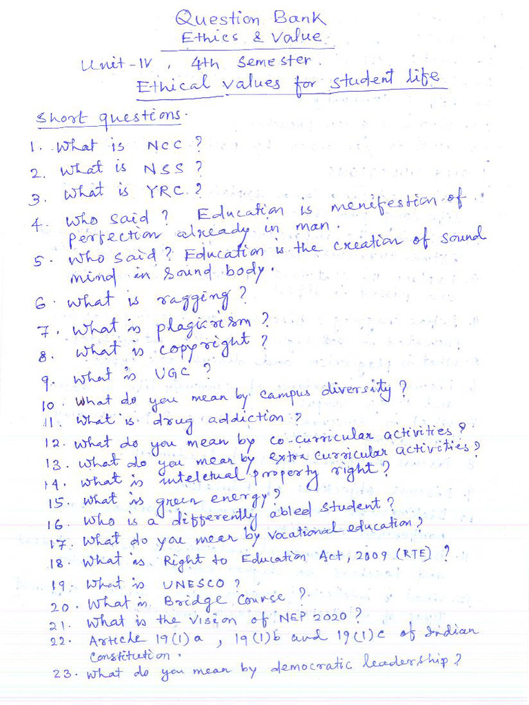 Question Bank & Study Material of Ethics and Value for UG 4th Semester Students.01 | PDF ...