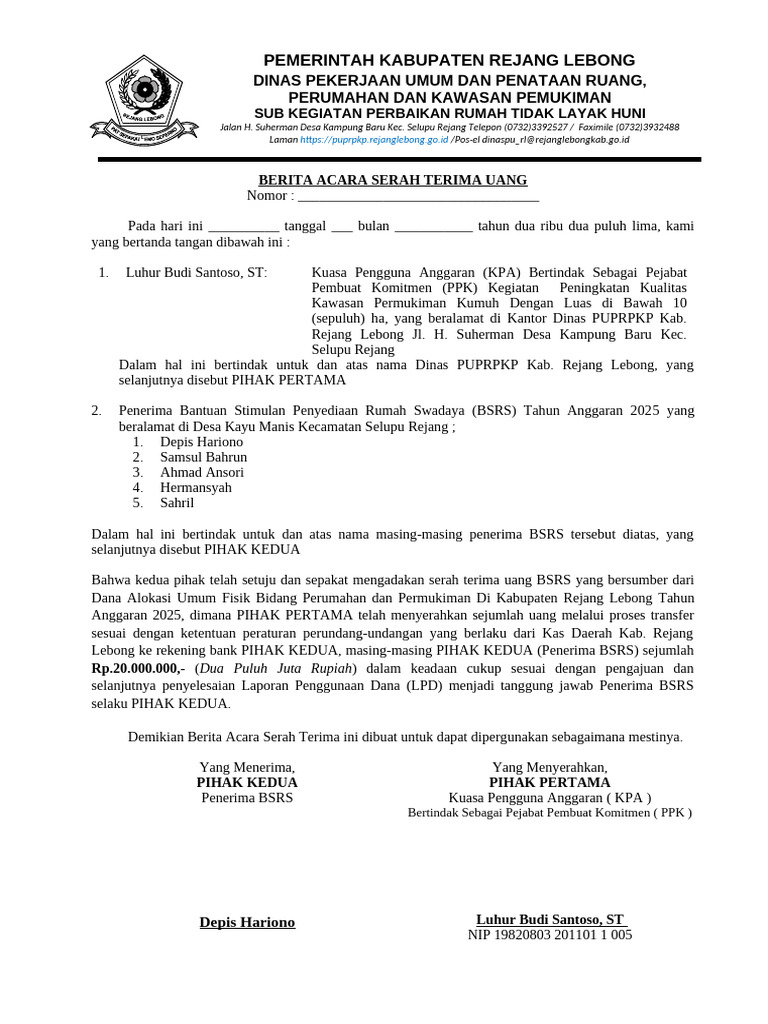 Serah Terima Dana BSRS Rejang Lebong 2025 | PDF