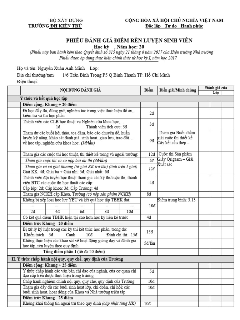 PHIEU DIEM REN LUYEN _ban Hanh Theo Quyết Định 315-Converted | PDF