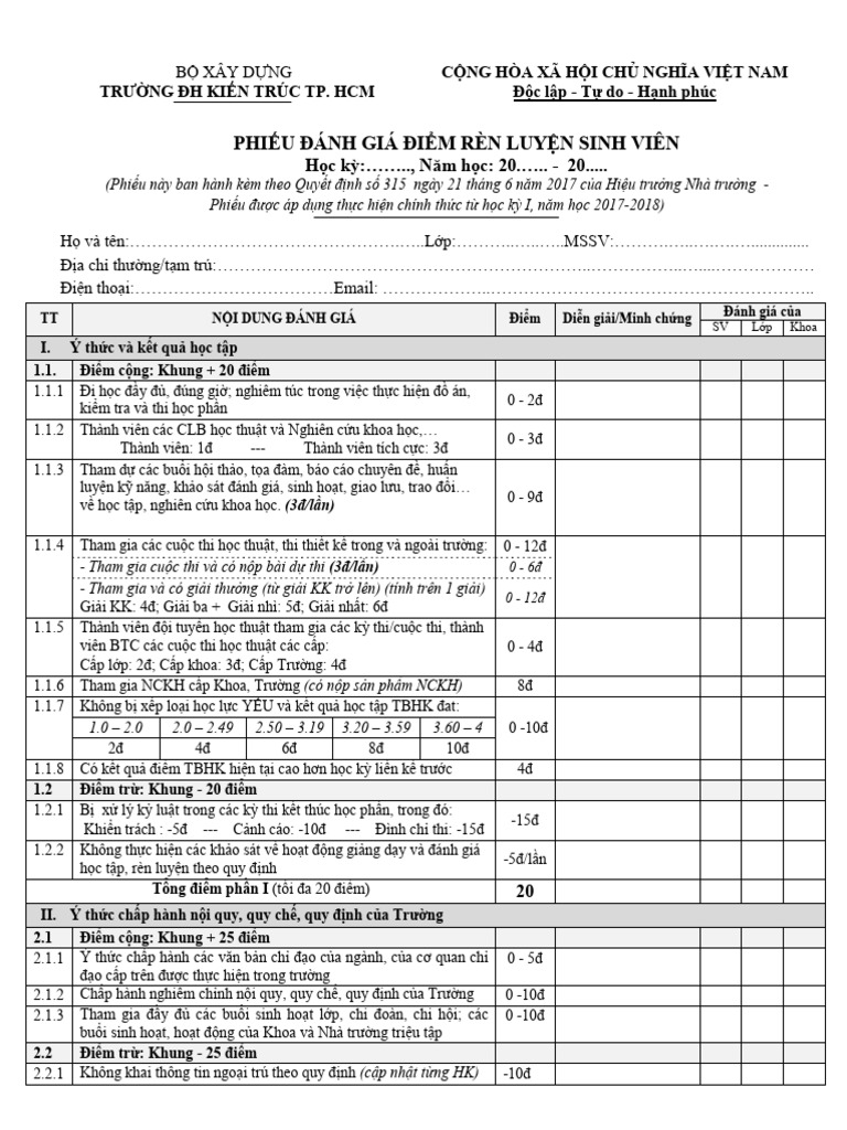 Phieu Diem Ren Luyen _ban Hanh Theo Quyết Định 315 | PDF