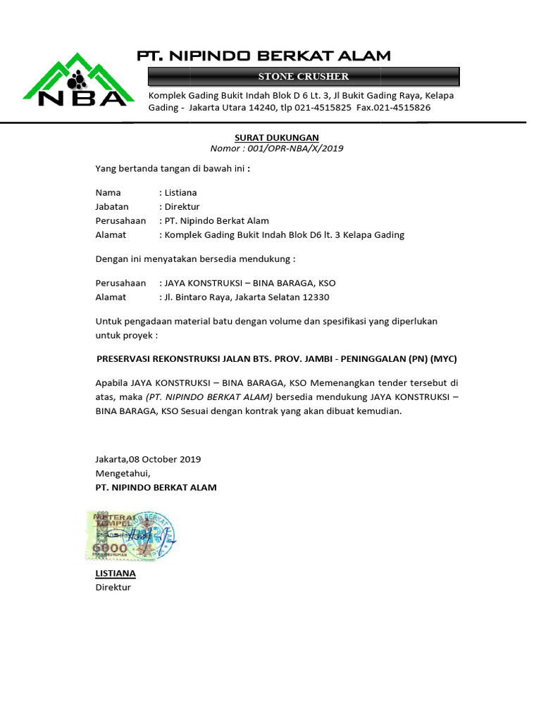 Surat Dukungan Quarry (BTS JAMBI, Celikah, Sei Lilin) | PDF