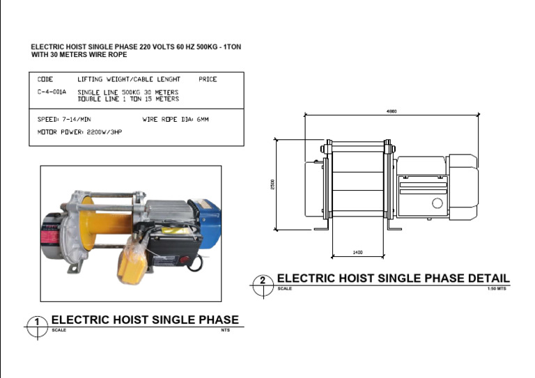 500kg Electric Hoist 220V Single Phase | PDF