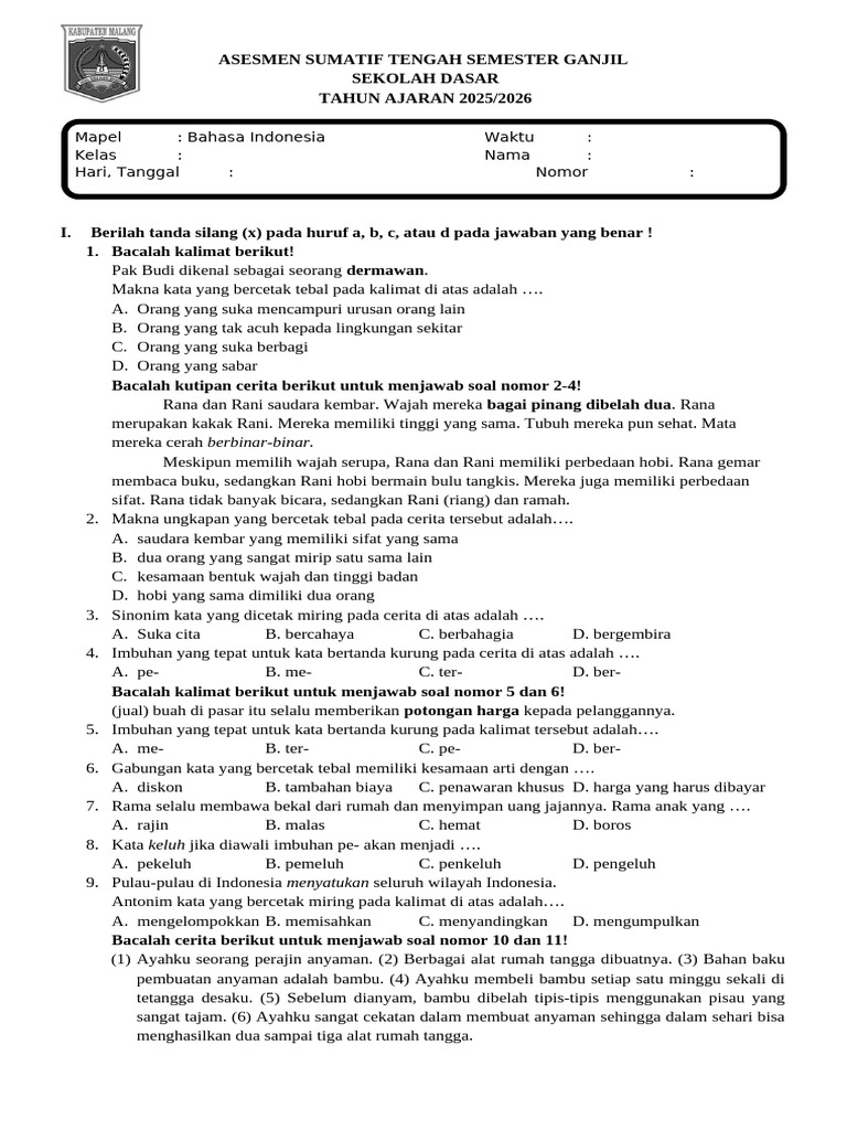 Format Soal Bahasa Indonesia Kelas 5 Asts 1 | PDF