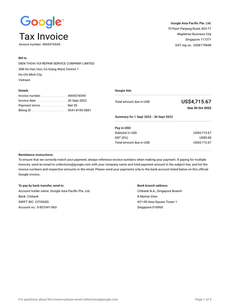 Tax Invoice: Google Asia Pacific Pte. LTD | PDF | Invoice | Banking