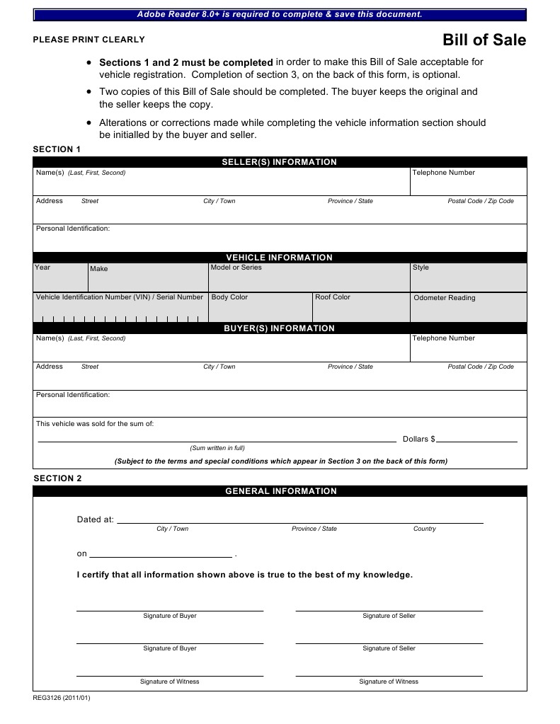Bill of Sale Reg 3126 | Cheque | Identity Document