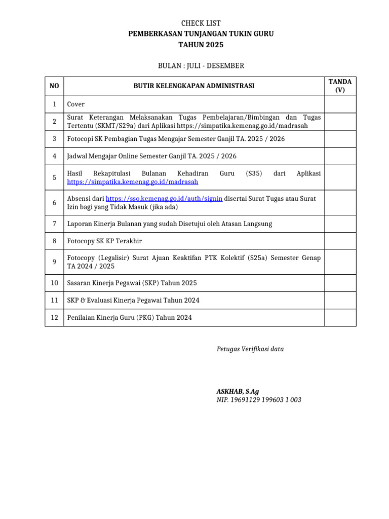 Checklist Tunjangan Tukin Guru 2025 | PDF