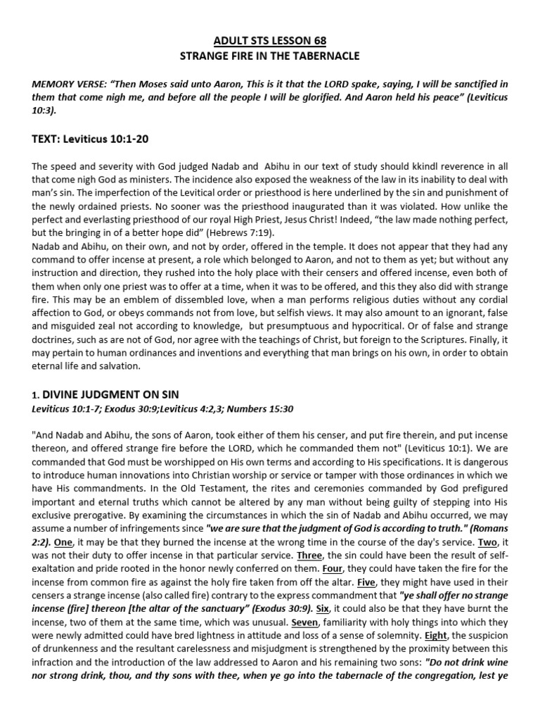 Adult Sts Lesson 68 - Strange Fire in The Tabernacle | PDF | Aaron ...