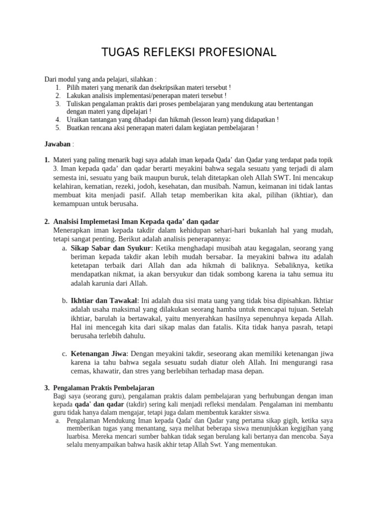 Contoh TUGAS REFLEKSI PROFESIONAL PPG PAI | PDF