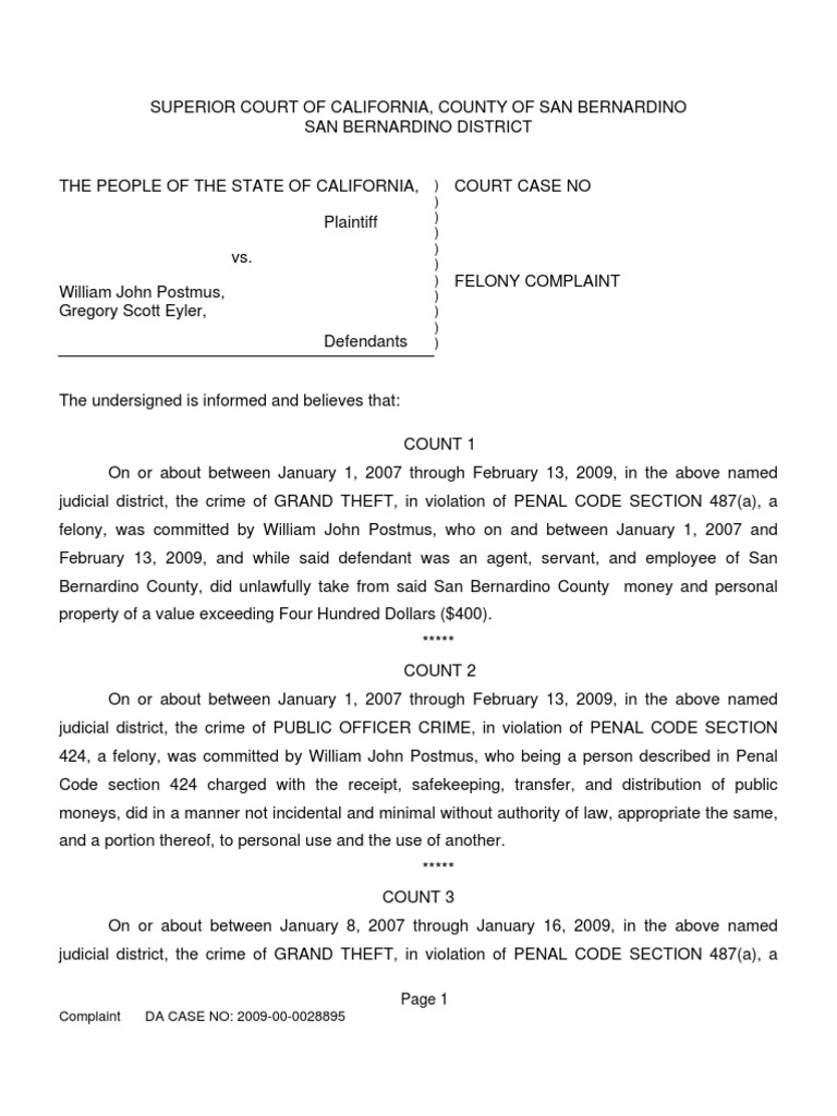 Criminal Complaint Against Former San Bernardino County Assessor Bill ...
