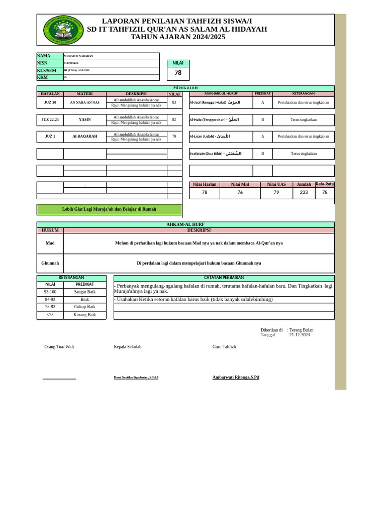 rapor tahfizh moraito nababan | PDF