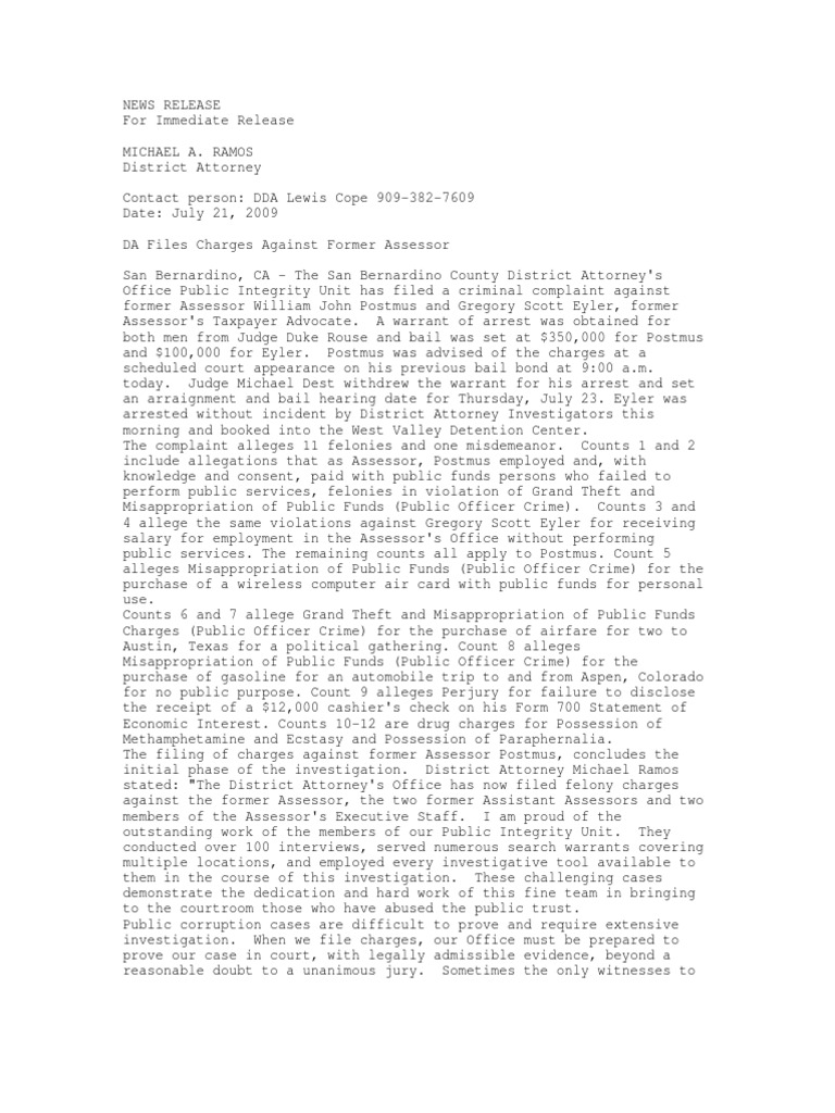 Charges Filed Against Bill Postmus | PDF | Arrest | Evidence