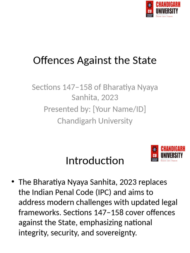Offences Against State BNS ChandigarhUniversity FinalLogo | PDF | Crimes | Crime & Violence