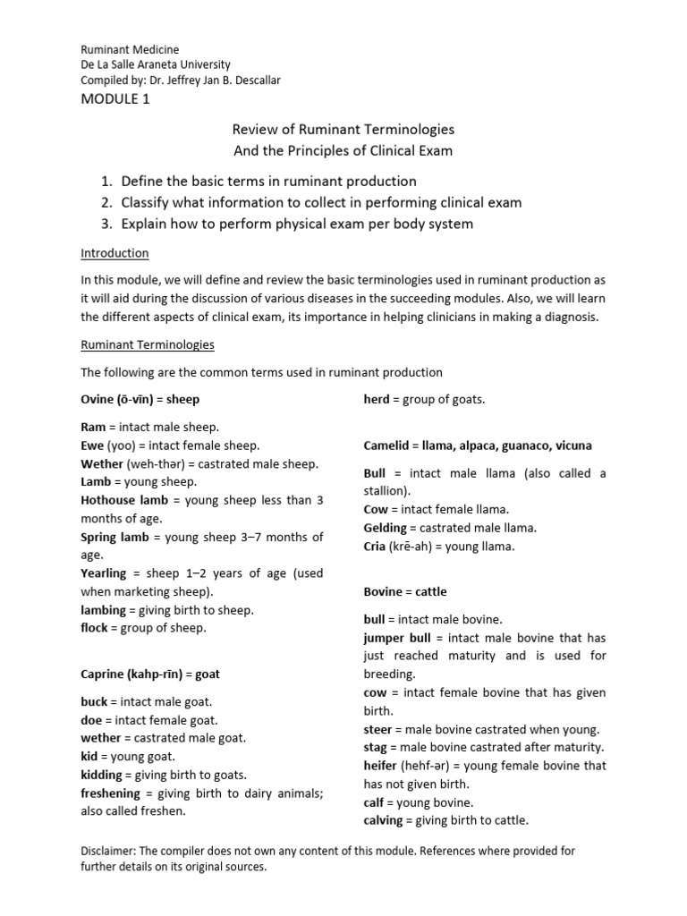 MODULE 1 - Review of Ruminant Terminologies and Clinical Examination ...