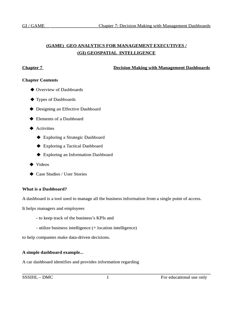 GI (GAME) Chapter 7 Decision Making With Management Dashboards | PDF ...