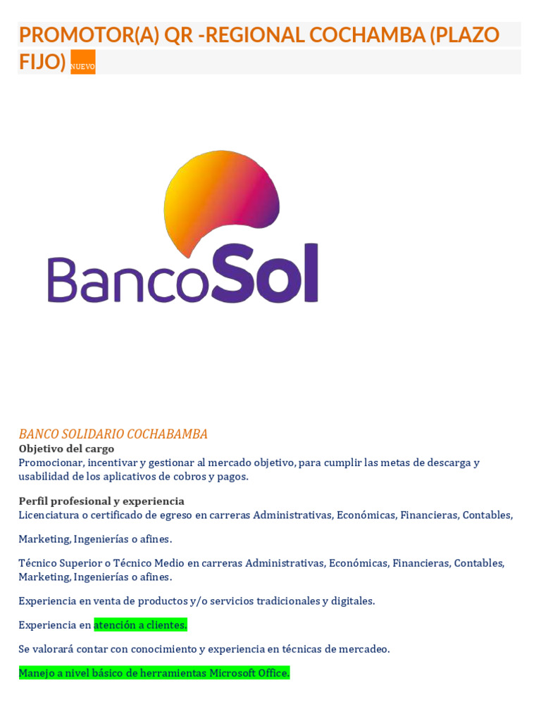Conv 10-Banco Sol - Cochabamba Promotor (A) QR - Regional Cochamba ...