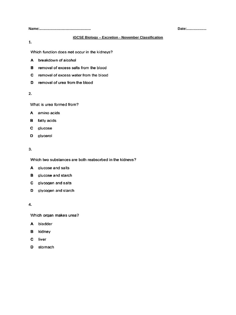 IGCSE Biology CLASSIFICATION - Excretion - November 2016 | PDF