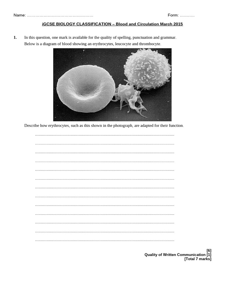 Igcse Biology Classification - Blood and Circulation March 2015 | PDF ...