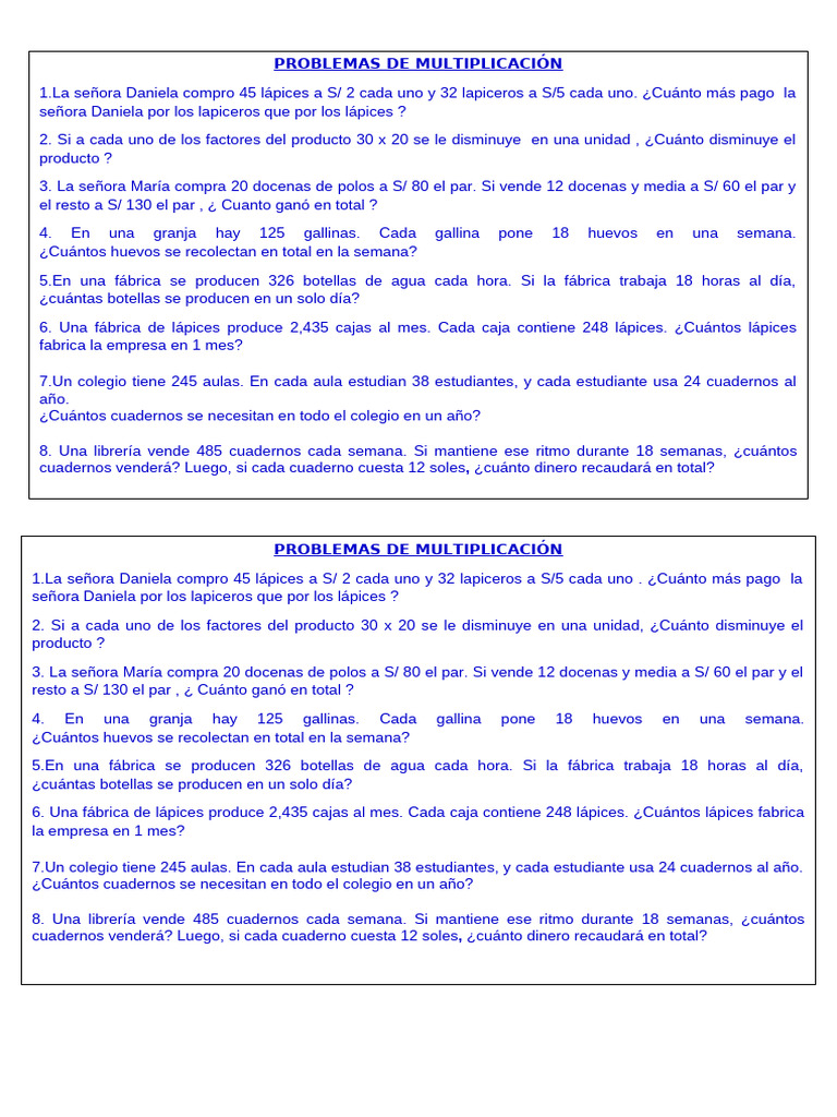 Problemas de Multiplicación Resueltos | PDF
