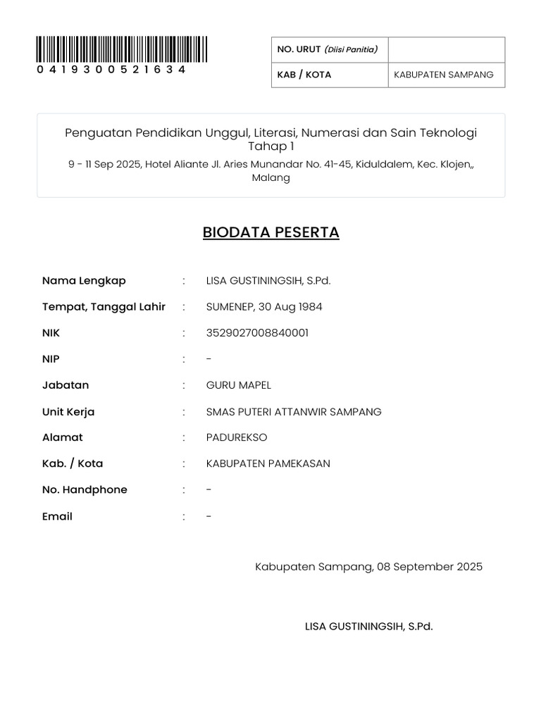 BIODATA Penguatan Pendidikan Unggul, Literasi, Numerasi Dan Sain TeknologiTahap 1 | PDF