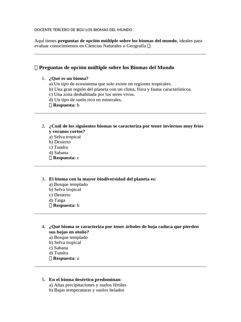 Actividades Tercero de Bgu Los Biomas Del Mundo | PDF | Selva | Sabana