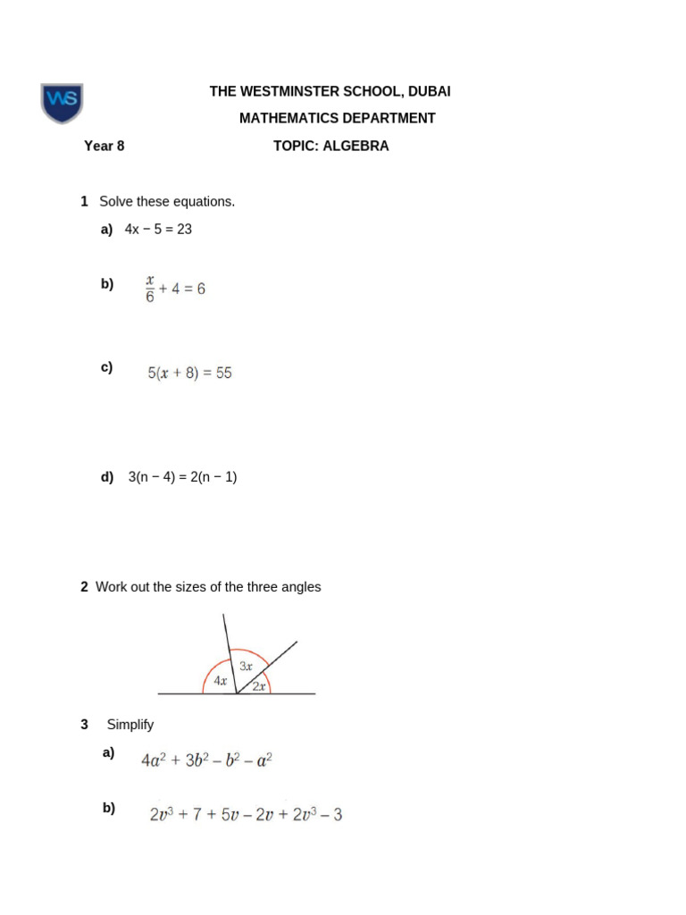 YR8 Algebra Worksheet | PDF