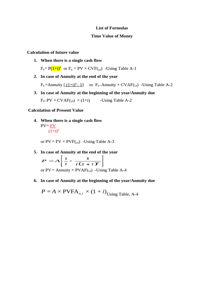 List of Formulas in Time Value of Money | PDF