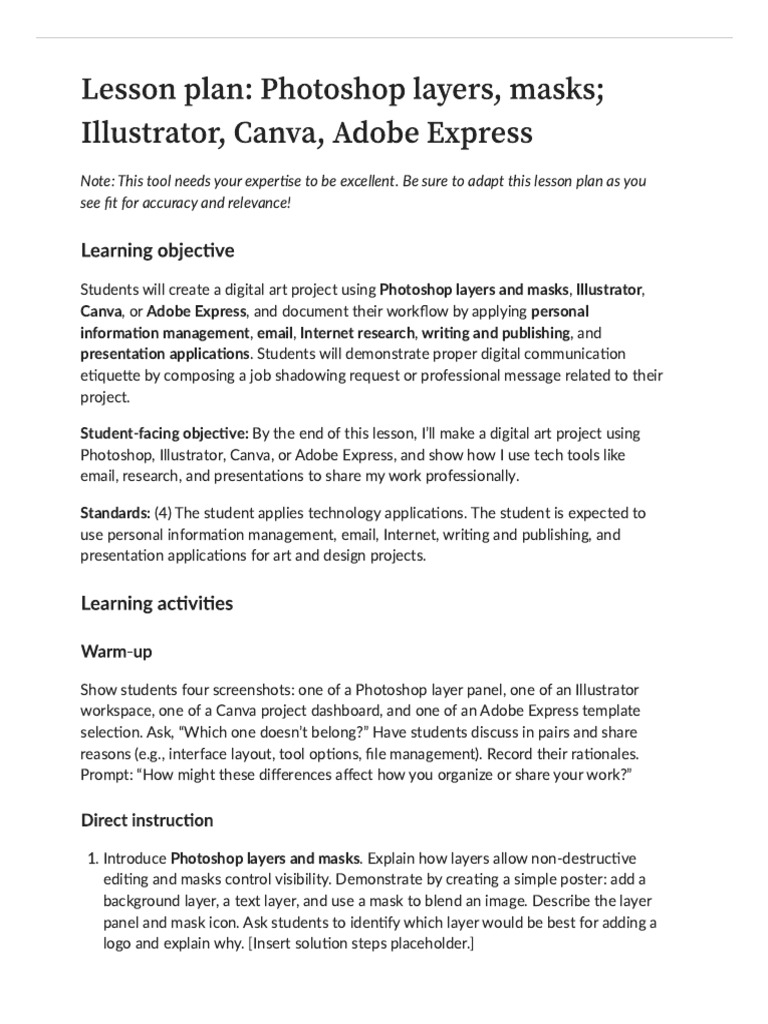 Lesson Plan - Khan Academy PS Layers, Masks AI, Canva, AE | PDF