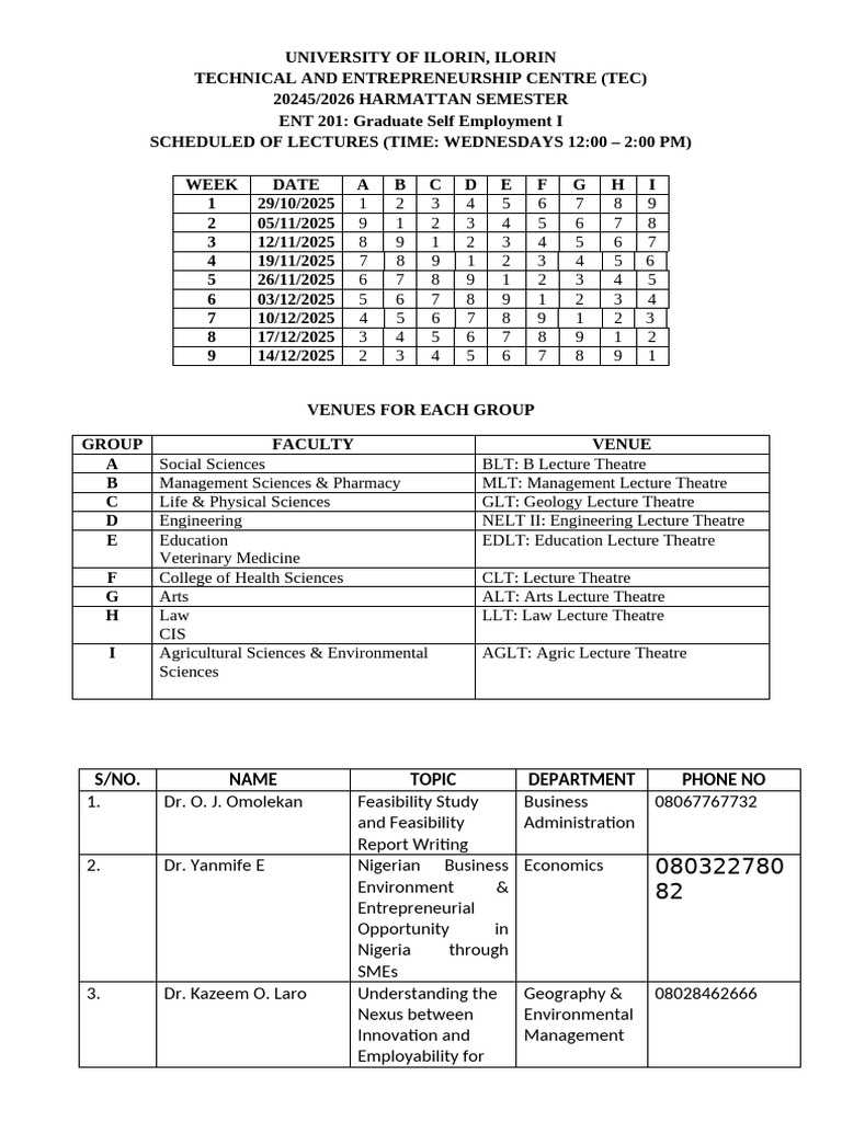 University of Ilorin ENT 201 Lecture Schedule | PDF | Entrepreneurship ...