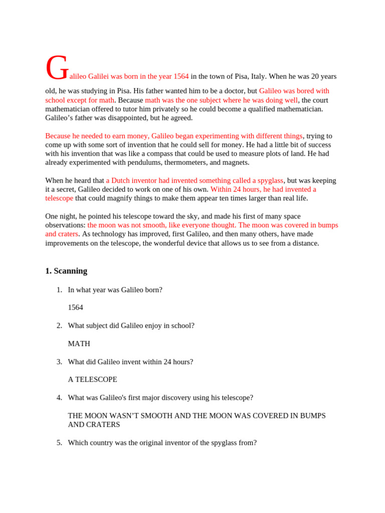 Reading Comprehension - Gallileo's Telescope-Tduong | PDF | Galileo ...