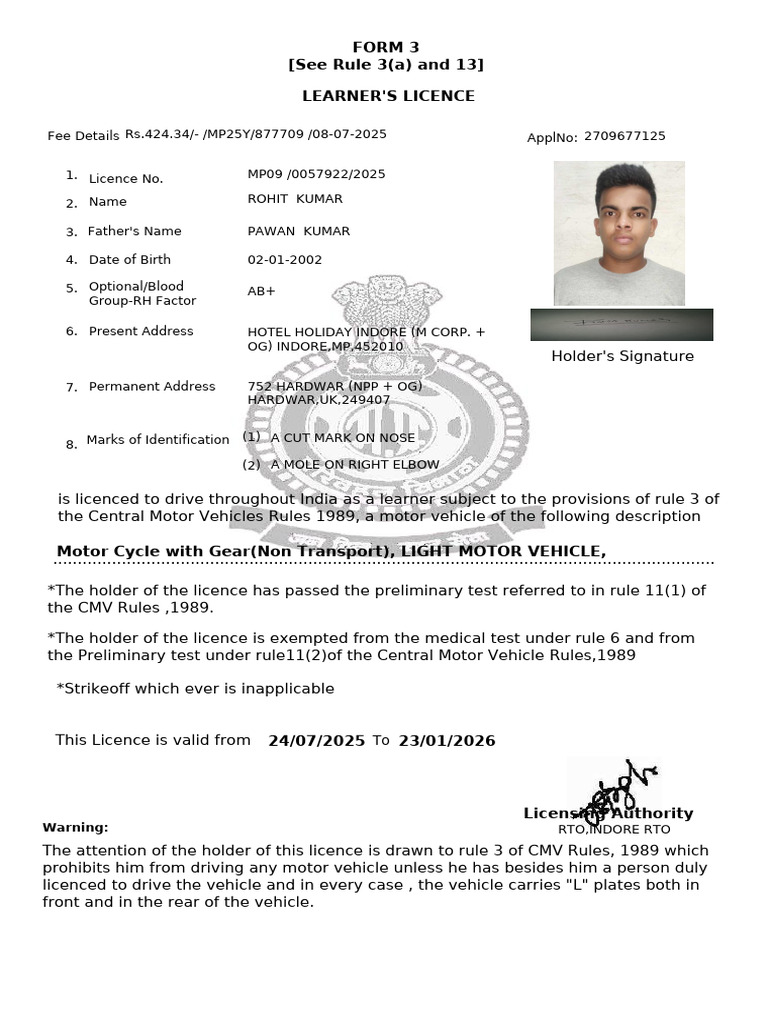 Learner's Licence Form 3 Details | PDF