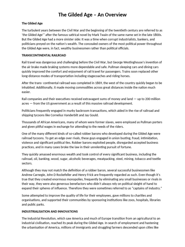 The Gilded Age Overview | PDF | Unemployment | Progressive Era