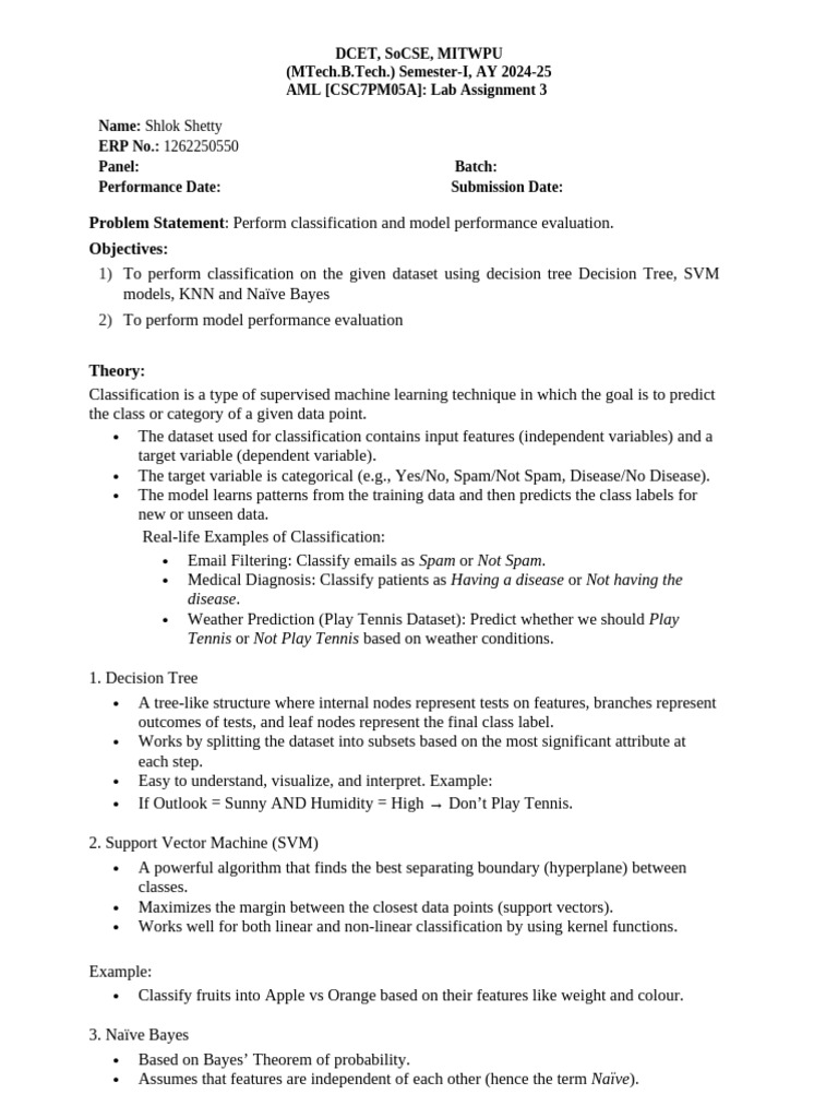 AML Lab-3 WriteUp | PDF | Statistical Classification | Support Vector Machine