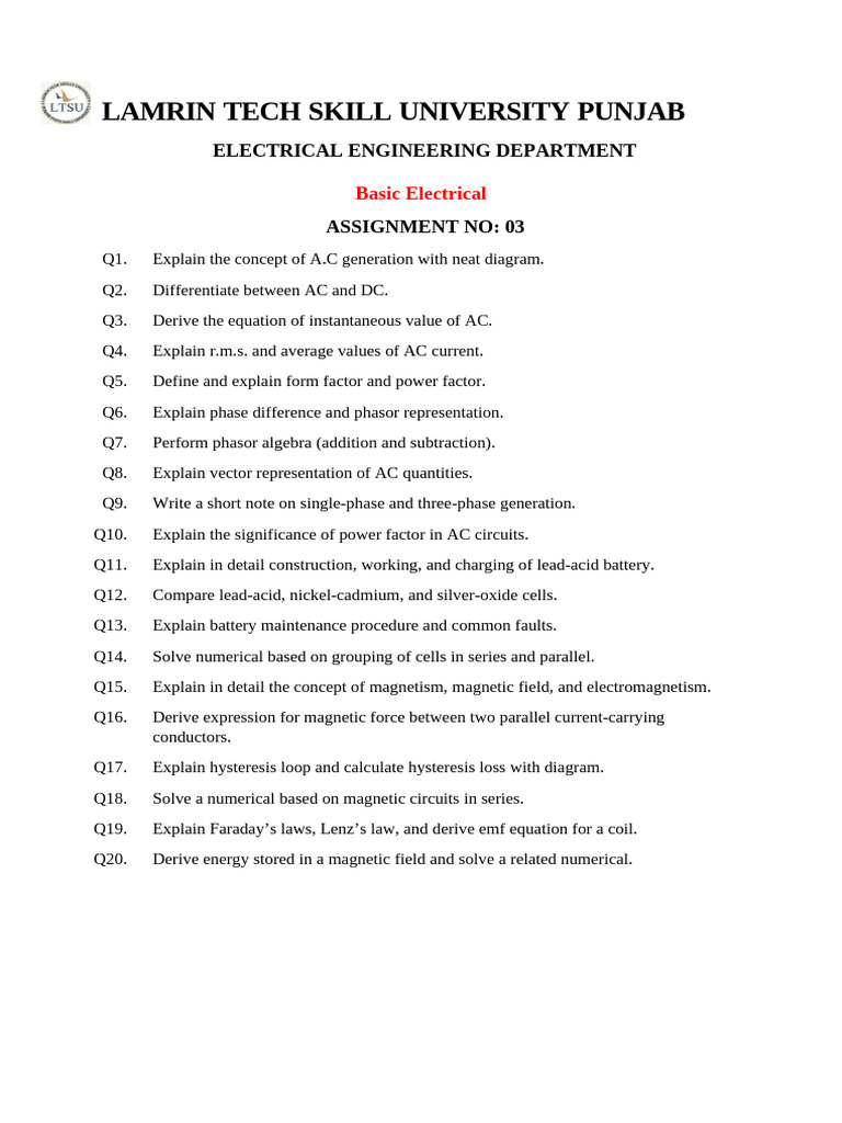 Assignment No 3 Basic Electrical | PDF
