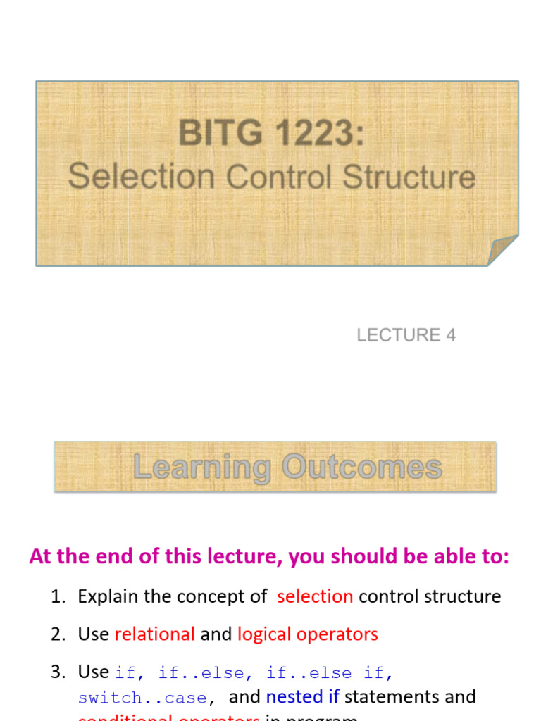 Bitg1233-Lecture 4 - Selection | PDF | Boolean Data Type | Control Flow