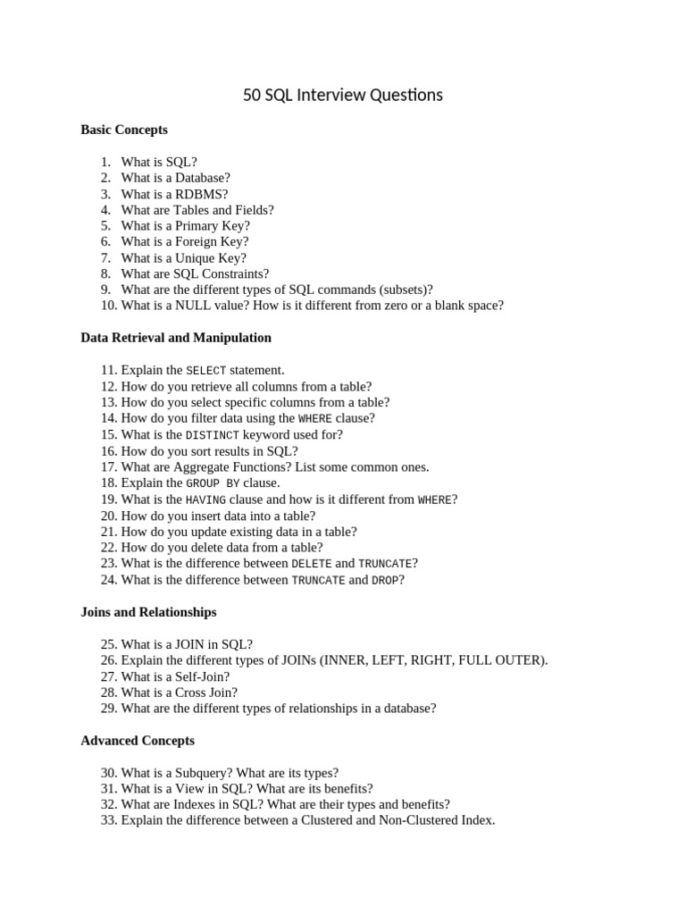 50 SQL Interview Questions | PDF | Sql | Database Index