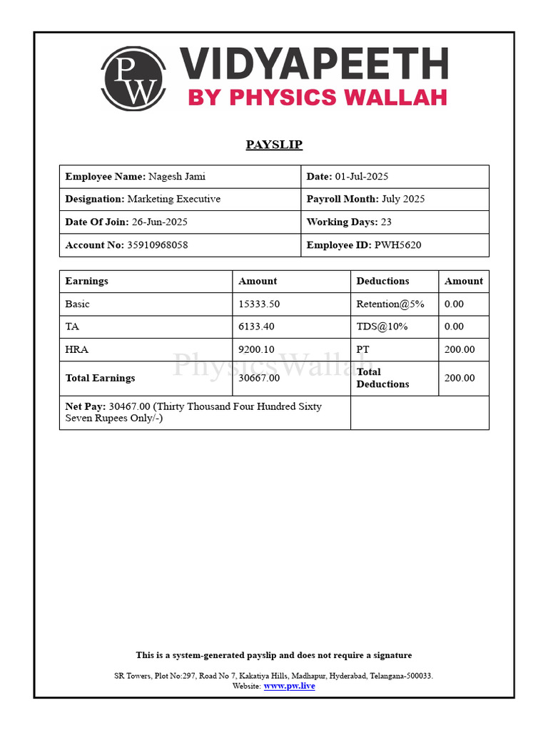 Nagesh Jami Payslip July 2025 | PDF