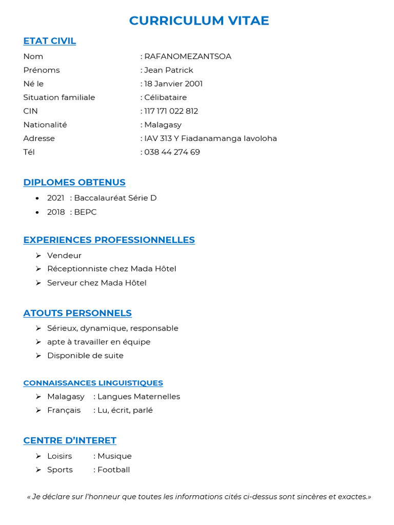 CV de Jean Patrick Rafanomezantsoa | PDF