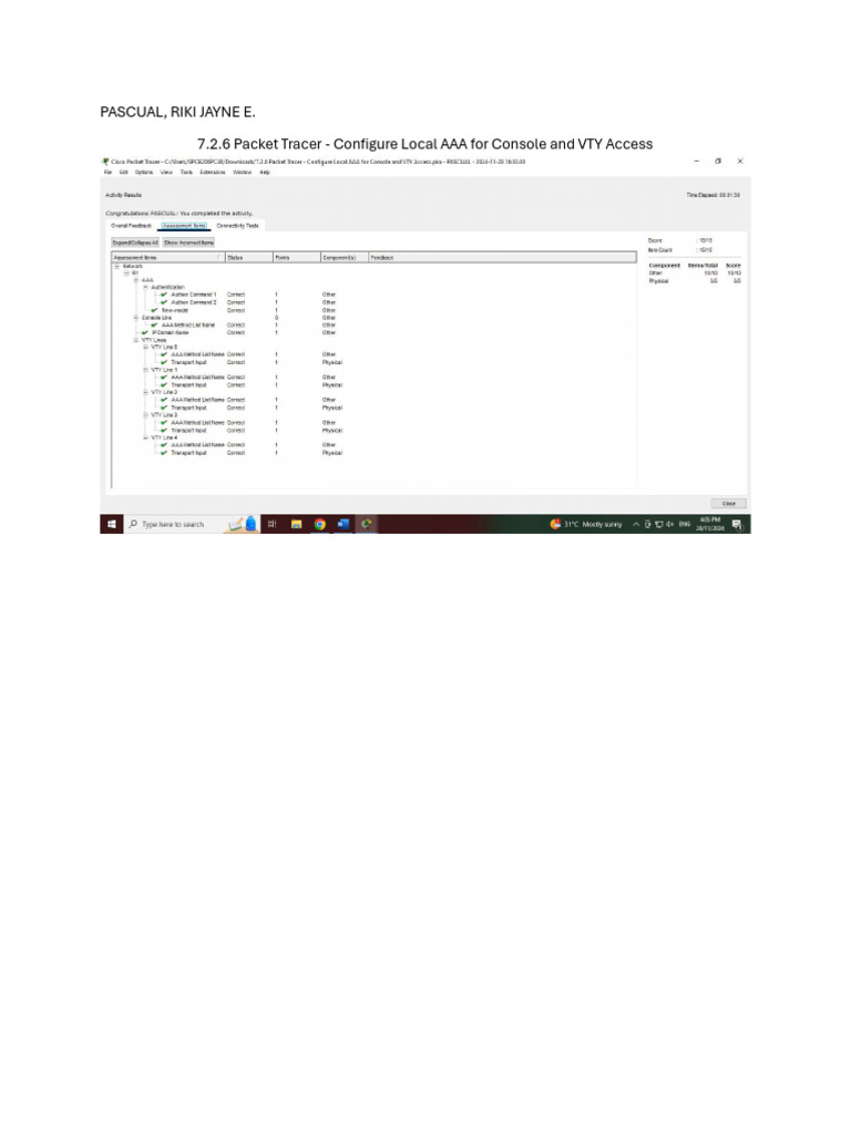 7.2.6 Packet Tracer - Configure Local AAA For Console and VTY Access - PASCUAL | PDF