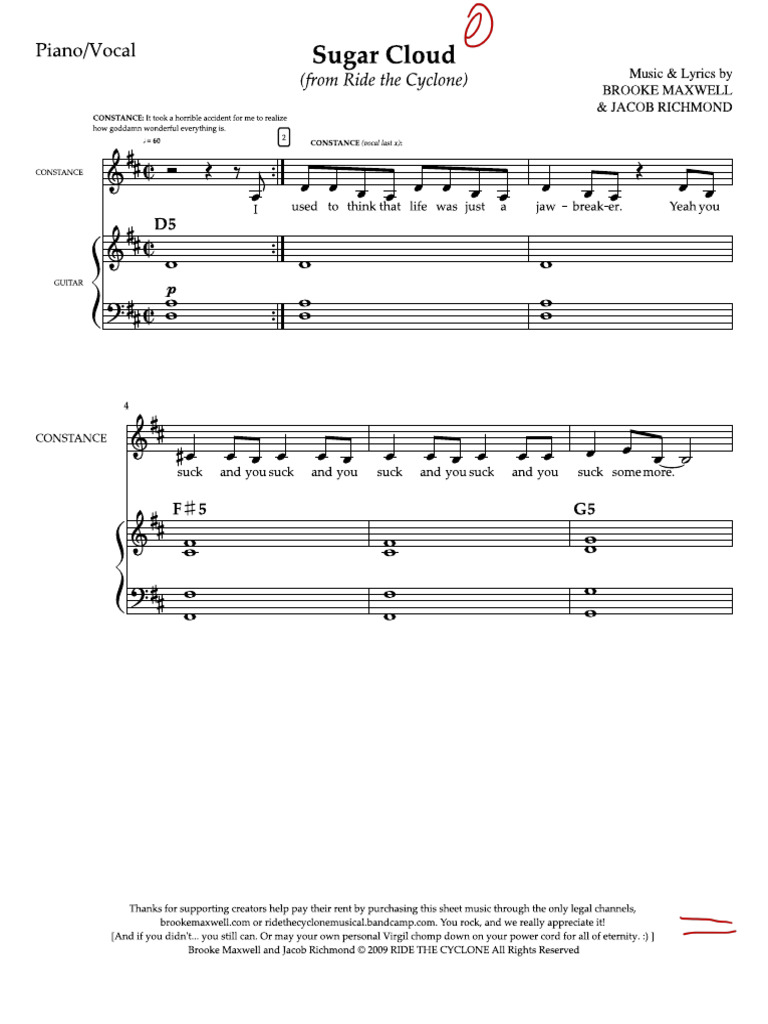 Ride the Cyclone - Sugar Cloud P-V - (Sheet Music ONLY) - Sugarcloud ...