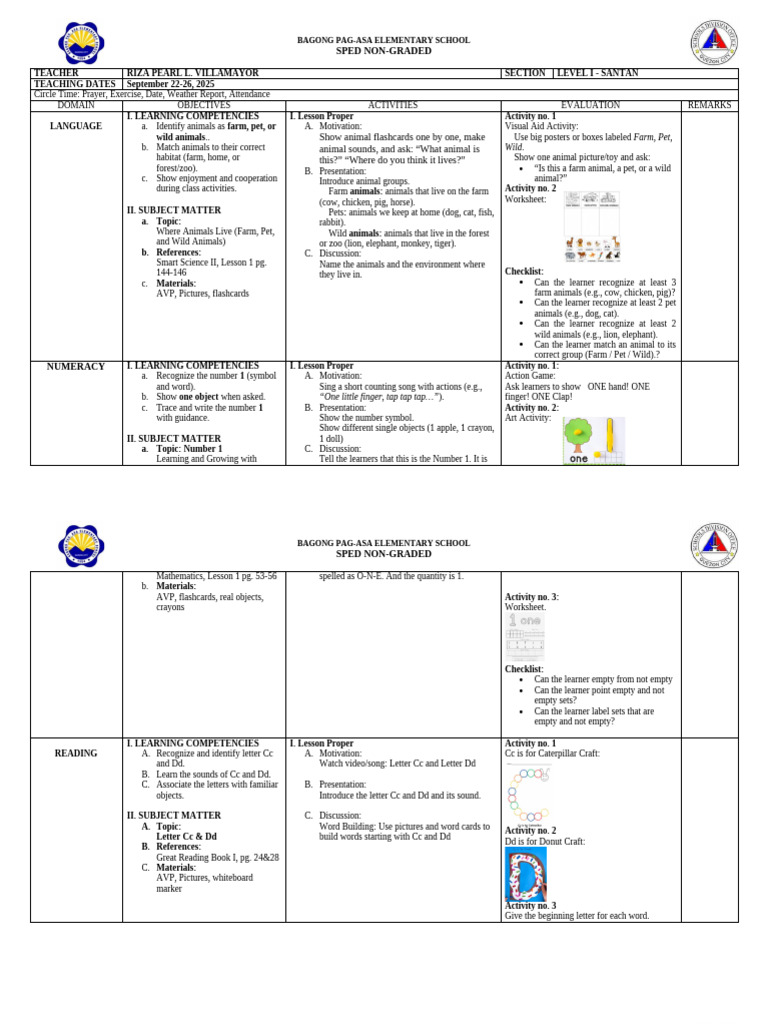 SPED Lesson Plans for Animal Habitats and Numbers | PDF | Learning | Sound