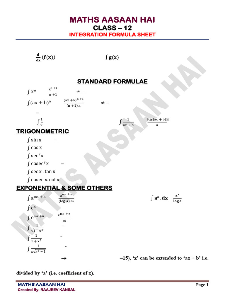 Class 12 Integration Formula Sheet | PDF | Logarithm | Trigonometric ...